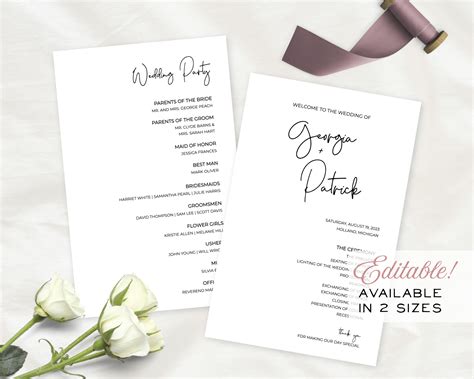 casual minimalist simple editable wedding program template two sizes