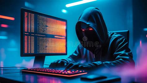 Cyber Attack Hacker Intensely Focused On A Futuristic Computer Screen Stock Illustration