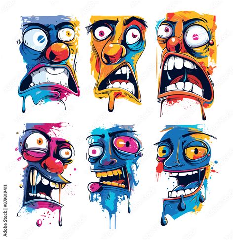 Amusing Abstract Faces Cartoon Vector Set Swollen Eyes Heads Grimaces Smile Surreal