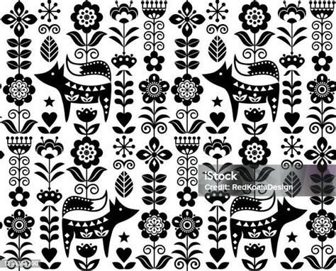 스웨덴 노르웨이 덴마크의 전통 자수에서 영감을 얻은 꽃과 여우가 있는 스칸디나비아 또는 북유럽 민속 예술 벡터 매끄러운 패턴