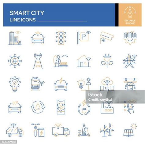 스마트 시티 관련 라인 아이콘 세트입니다 윤곽 선자 모음 편집 가능한 스트로크 Smart City에 대한 스톡 벡터 아트 및