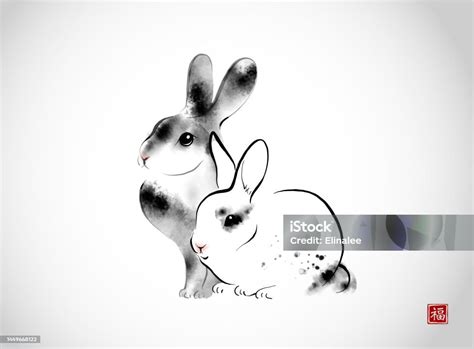 흰색 배경에 토끼의 검은 잉크 세척 그림 전통적인 동양 수묵화 수미에 우신 고화 상형 문자 번역 웰빙 귀여운에 대한 스톡 벡터 아트 및 기타 이미지 Istock