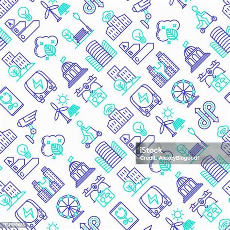 그린 에너지 지능형 도시주의 효율적인 이동성 제로 방출 전기 운송 균형 교통 Cctv 원격 의료 얇은 라인 아이콘 스마트 도시 원활한 패턴 벡터 그림입니다 0에 대한 스톡