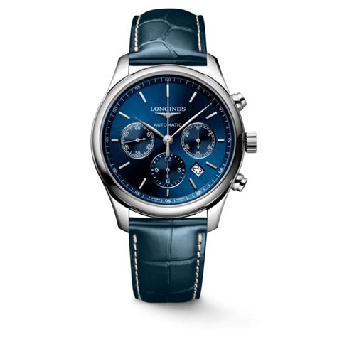 Longines Master Collection Chronograph 오토매틱 스테인리스 스틸 선레이 블루 다이얼과 스트랩 Longines Kr