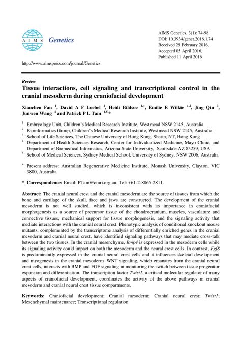 Pdf Tissue Interactions Cell Signaling And Transcriptional Control In The Cranial Mesoderm