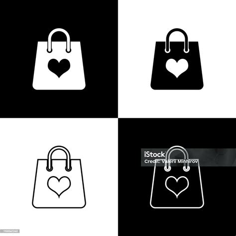 흑백 배경에 하트 아이콘이 분리된 쇼핑백을 설정합니다 쇼핑백 가게는 하트 아이콘처럼 사랑해요 발렌타인 데이 기호입니다 벡터 일러스트레이션 가방에 대한 스톡 벡터 아트 및