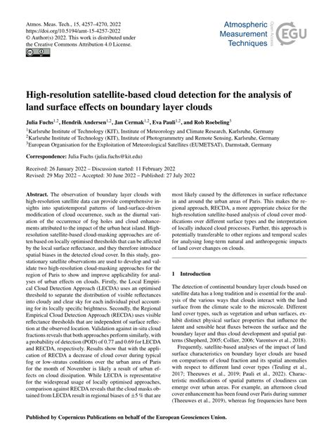 Pdf High Resolution Satellite Based Cloud Detection For The Analysis Of Land Surface Effects