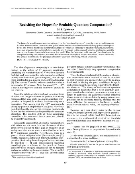 Pdf Revisiting The Hopes For Scalable Quantum Computation