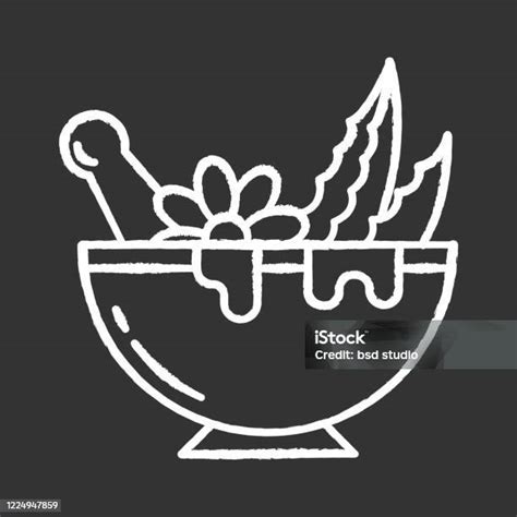 검은 배경에 페봉 분필 흰색 아이콘 박격포 액체에 대한 곡물 잎 알로에 베라 콩나물 그릇에 식물 약초와 꽃 절연 벡터 칠판 그림 0명에 대한 스톡 벡터 아트 및 기타 이미지