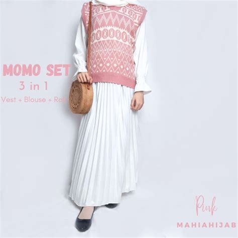 Jual Momo Set 5in1 Blouse Vest Rajut Rok Plisket Hijab Bella Ootd Korean Style Murah