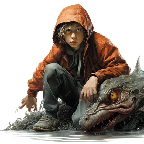 Мужчина стоит на коленях на земле рядом с большим животным генеративный ии Премиум Фото