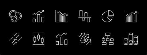 차트 아이콘 집합입니다 그래프 그림 기하학 수학 다이어그램 통계 원 함수 표 인포그래픽 검은 배경에 흰색 선 아이콘입니다