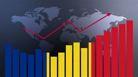 루마니아 막대 차트 그래프 기복 가치 상승 경제 회복 및 비즈니스 개선의 개념 기업 재개 정치 갈등 깃발이 있는 전쟁 개념 0