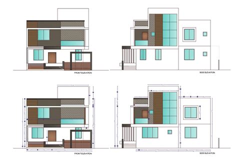 Four Side Modern Elevation Of Bungalow With Basic Rendered AutoCAD