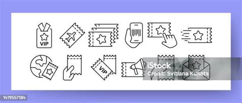 티켓 세트 아이콘입니다 스타 Vip 장소 비행기 전화 바코드 손 행성 메가폰 공유 화살표 편지 디지털 엔터테인먼트 전시회 극장 영화 문서 개념을 전달합니다 벡터 선 아이콘