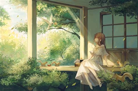 Anime Anime Girls Sitting Long Hair Sunlight 2k Wallpaper