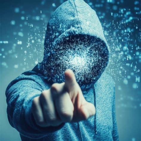 Mysterious Hooded Figure With Digital Face In Cyber World Stock Image