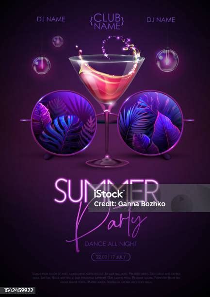 둥근 모양의 선글라스 형광 열대 잎과 칵테일이 있는 여름 디스코 파티 포스터 벡터 그림입니다 파티에 대한 스톡 벡터 아트 및 기타 이미지 Istock