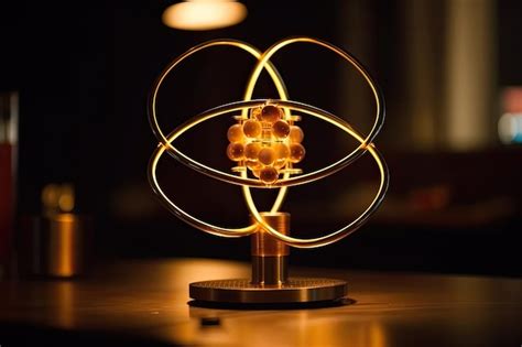 Close Up Of Atomic Nucleus With Orbiting Particles On Dark Background Retro Futurism Premium