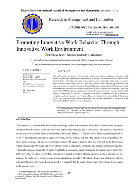 Promoting Innovative Work Behavior Through Innovative Work Environment 1 Pdf