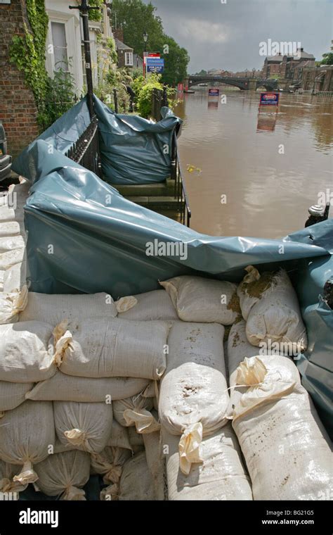 Sandbag Flood Prevention Barrier Alongside The River Ouse York United