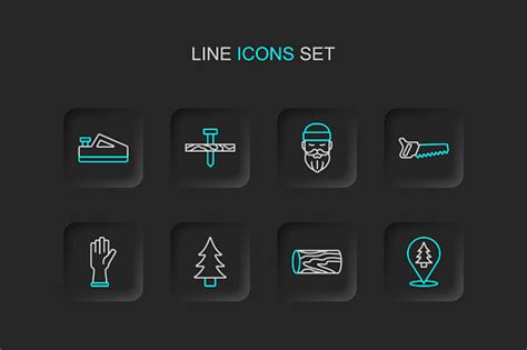 숲의 위치 나무 통나무 나무 보호 장갑 손톱 벌목꾼 금속 못 및 비행기 도구 아이콘을 설정합니다 벡터 0명에 대한 스톡 벡터 아트 및 기타 이미지 Istock