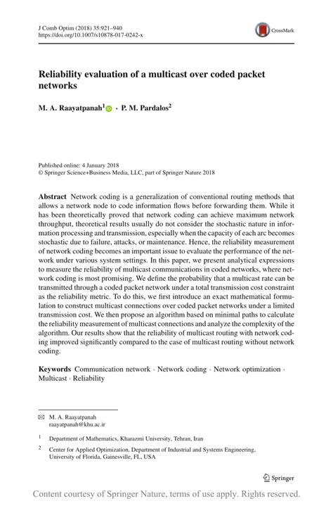 Reliability Evaluation Of A Multicast Over Coded Packet Networks