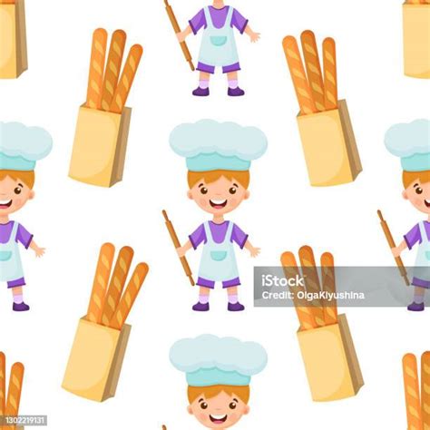 격리 된 배경에 요리사 벡터 일러스트의 원활한 패턴 패턴 베이커 소년 배경에 소년의 요리 그림의 원활한 패턴 벡터 일러스트레이션 가공의 인물에 대한 스톡 벡터 아트 및 기타