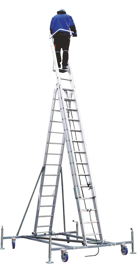 Scala In Alluminio Semiverticale Su Ruote Con Base E Piano Di Lavoro Allungabile A Fune 3 X 12