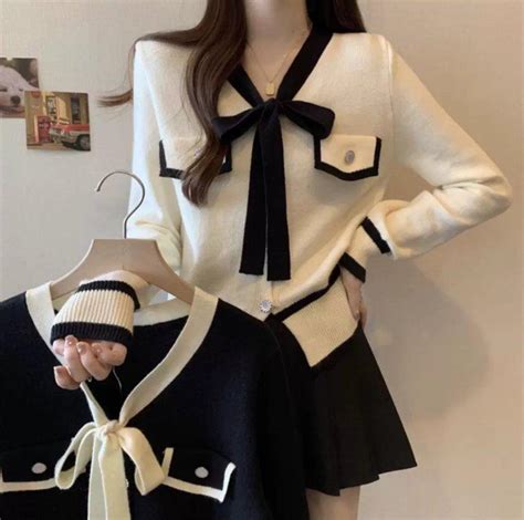 힙야코 여성 리본타이 배색 니트가디건