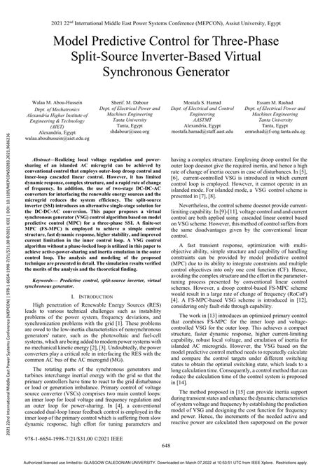 Pdf Model Predictive Control For Three Phase Split Source Inverter Based Virtual Synchronous