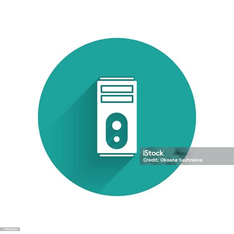 긴 그림자로 격리된 흰색 컴퓨터 아이콘입니다 Pc 구성 요소 기호입니다 녹색 원 버튼입니다 벡터 일러스트레이션 0명에 대한 스톡 벡터 아트 및 기타 이미지 Istock