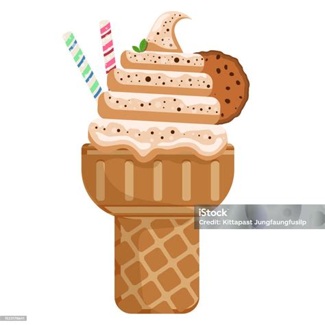 벡터 그림은 맛있는 다채로운 아이스크림 와플 콘입니다 아이스크림 초콜릿 쿠키 스쿱 와플 콘 흰색 배경에 포스터 제품 티셔츠에