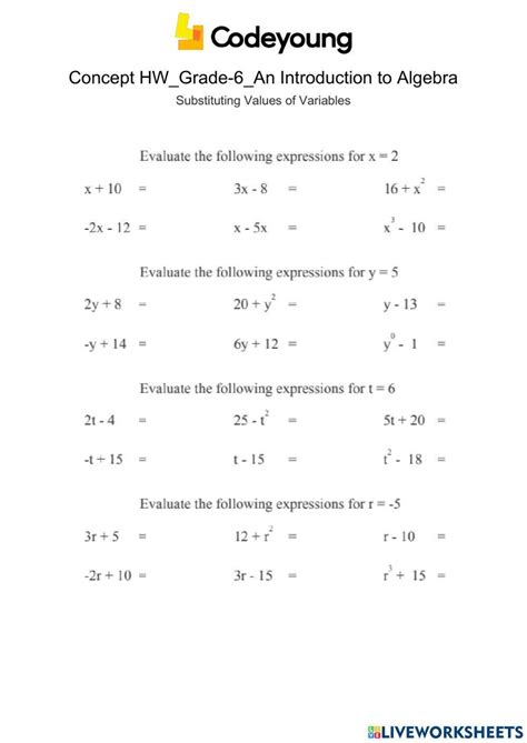 substituting values of variables concept hw worksheet live worksheets