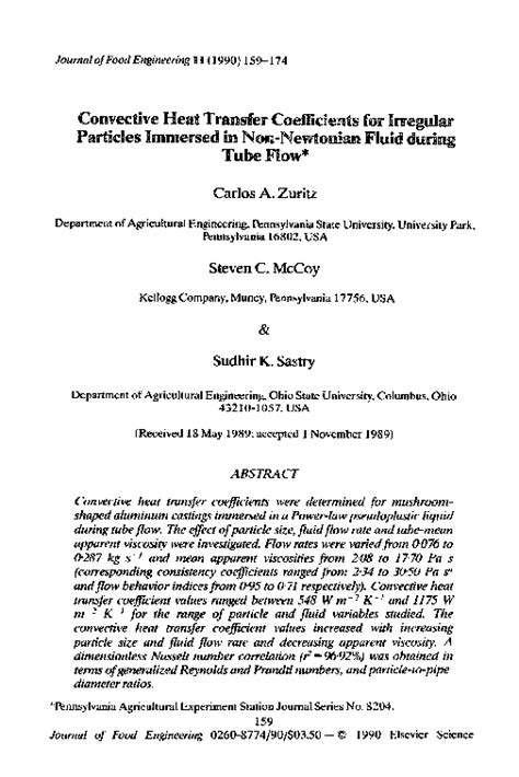 Pdf Convective Heat Transfer Coefficients For Irregular Particles Immersed In Non Newtonian