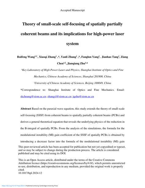 Pdf Theory Of Small Scale Self Focusing Of Spatially Partially