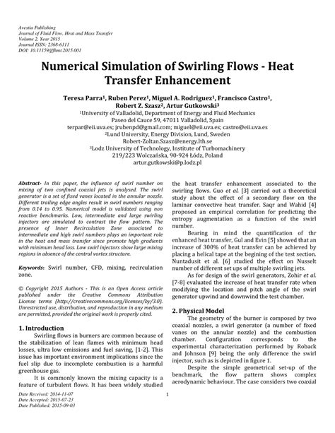 Pdf Numerical Simulation Of Swirling Flows Heat Transfer Enhancement