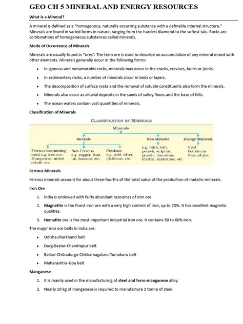 Geo Ch 5 Class 10 Pdf Minerals Energy Development
