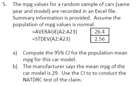 Solved 5 The Mpg Values For A Random Sample Of Cars Same Chegg Com