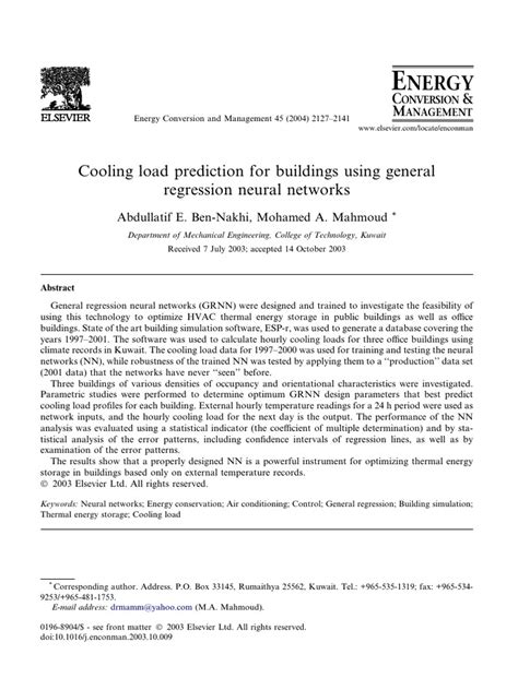 Cooling Load Prediction For Buildings Using General Pdf Artificial Neural Network Heat