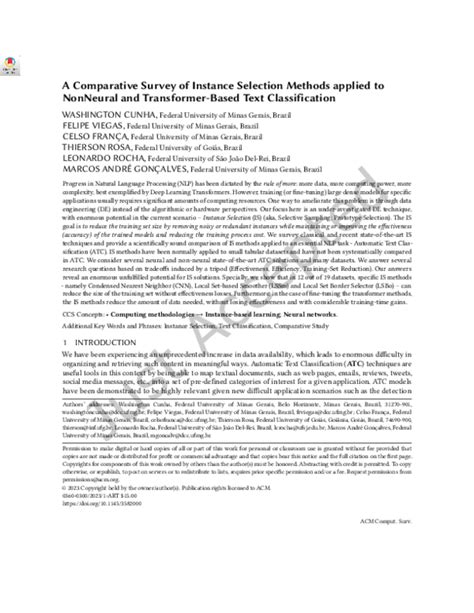 pdf a comparative survey of instance selection methods applied to non neural and transformer