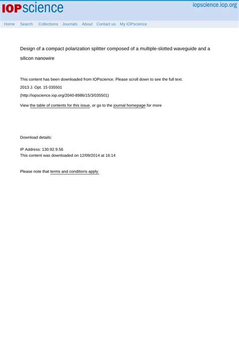 Pdf Design Of A Compact Polarization Splitter Composed Of A Multiple Slotted Waveguide And A