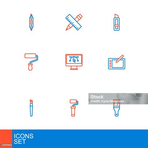 라인 페인트 브러시 롤러 그래픽 태블릿 디자인 프로그램이 있는 컴퓨터 편지지 칼 교차 눈금자 및 연필 아이콘을 설정합니다 벡터 개념에 대한 스톡 벡터 아트 및 기타 이미지