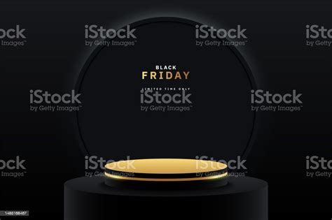 둥근 원 모양의 배경이 있는 어두운 스튜디오 룸에 있는 럭셔리 골드 블랙 3d 실린더 연단 받침대 블랙 프라이데이 개념입니다