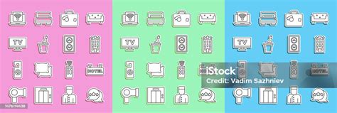 세트 라인 별 5개 등급 검토 텍스트가 있는 간판 호텔 건물 여행 가방 샴페인 얼음 양동이 스마트 Tv 무선 노트북 및 리프트 아이콘 벡터 1위에 대한 스톡 벡터 아트 및