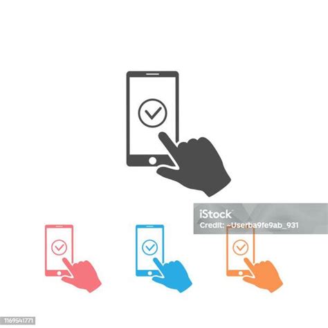 스마트폰 화면에서 마크를 확인합니다 손은 스마트 폰을 잡고 손가락이 화면을 터치합니다 플랫 디자인 일러스트 아이콘 세트 검증에 대한 스톡 벡터 아트 및 기타 이미지 Istock