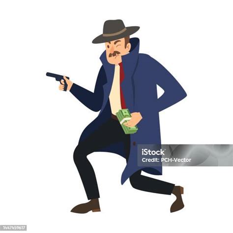 갱스터 캐릭터 모자 또는 검은 마스크를 가진 범죄자의 벡터 그림 흰색으로 격리된 만화 마피아 보스 개성 개념에 대한 스톡 벡터