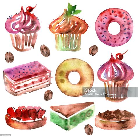 귀여운 수채화 손 사막 흰색 절연의 세트와 함께 그림을 그렸습니다 컵 케이크 도넛 커피 0명에 대한 스톡 벡터 아트 및 기타