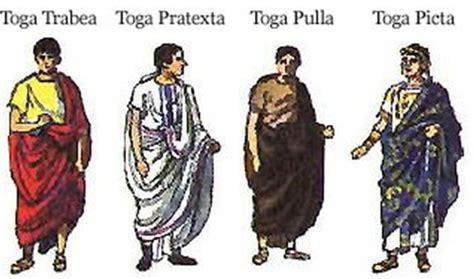 고대 로마 시민의 대표적인 남성복인 토가 지위에 따라서 다른 색과 장식을 사용하였다 평민들은 갈색을 입었으며 개선장군은 자수로 장식된 것을 입었다맨 우측