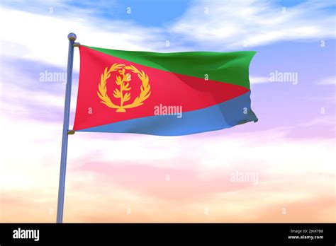 Waving Flag Of Eritrea With Chrome Flag Pole In Blue Sky Waving In The